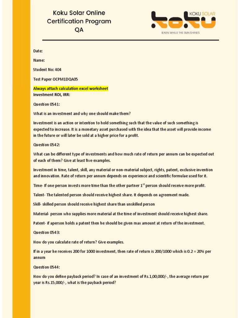 Always Attach Calculation Excel Worksheet Investment ROI, IRR | PDF ...