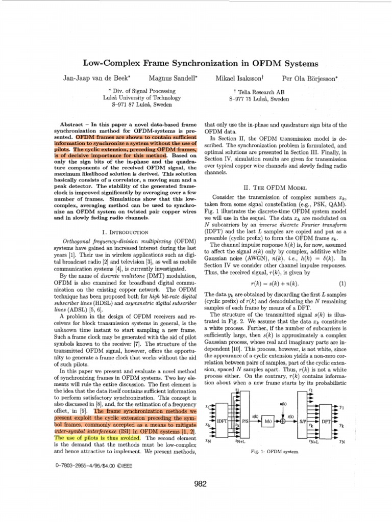 Low-Complex Frame Synchronization in OFDM Systems | PDF | Orthogonal Frequency Division ...