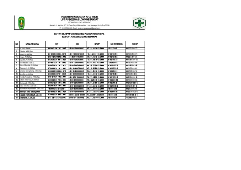 Daftar Nik Dan NPWP Pns Upt - Puskesmas Longmes | PDF