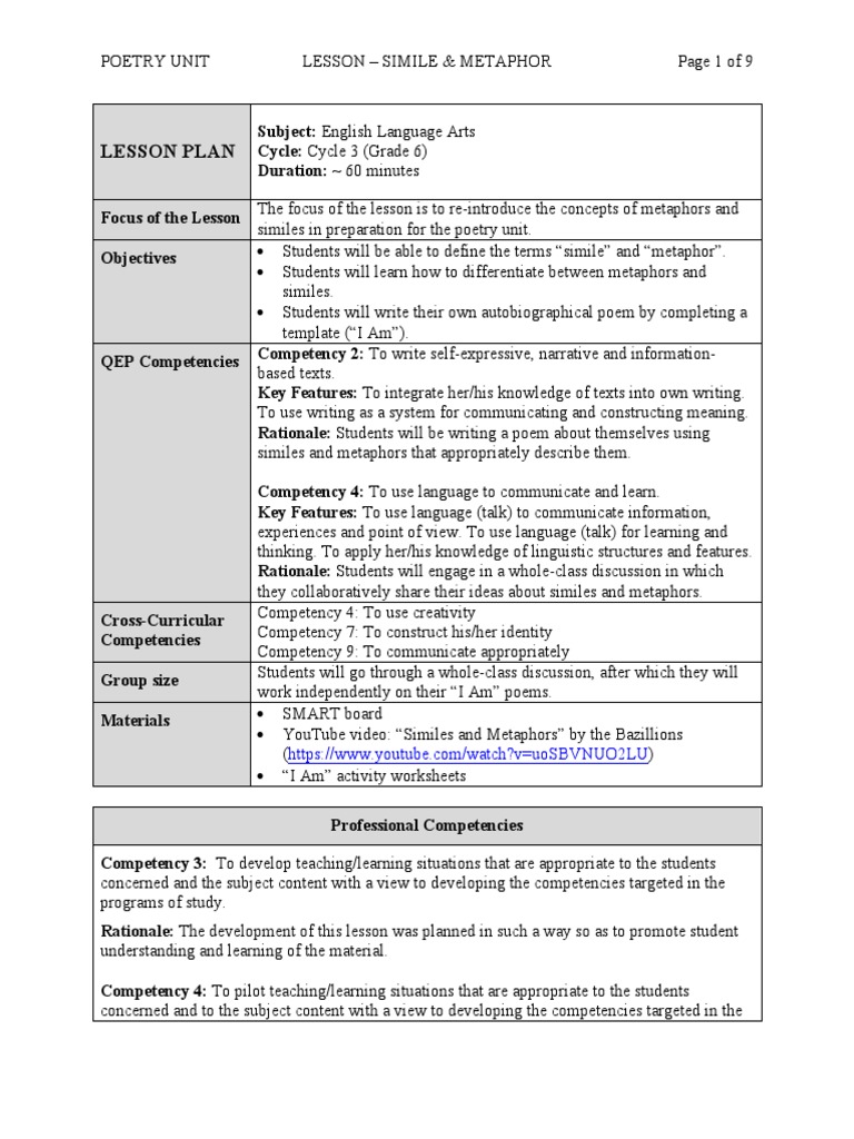 Ela Metaphor Simile Lesson Plan PDF | Download Free PDF | Metaphor | Lesson