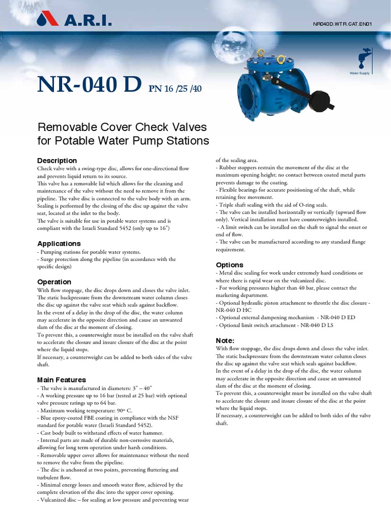 Removable Cover Check Valves For Potable Water Pump Stations | PDF ...