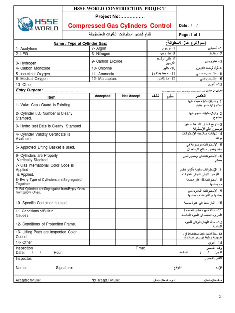Compressed Gas Cylinders Access Control Inspection Checklists | PDF