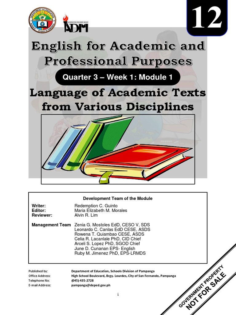 Language of Academic Texts From Various Disciplines: Quarter 3 - Week 1 ...