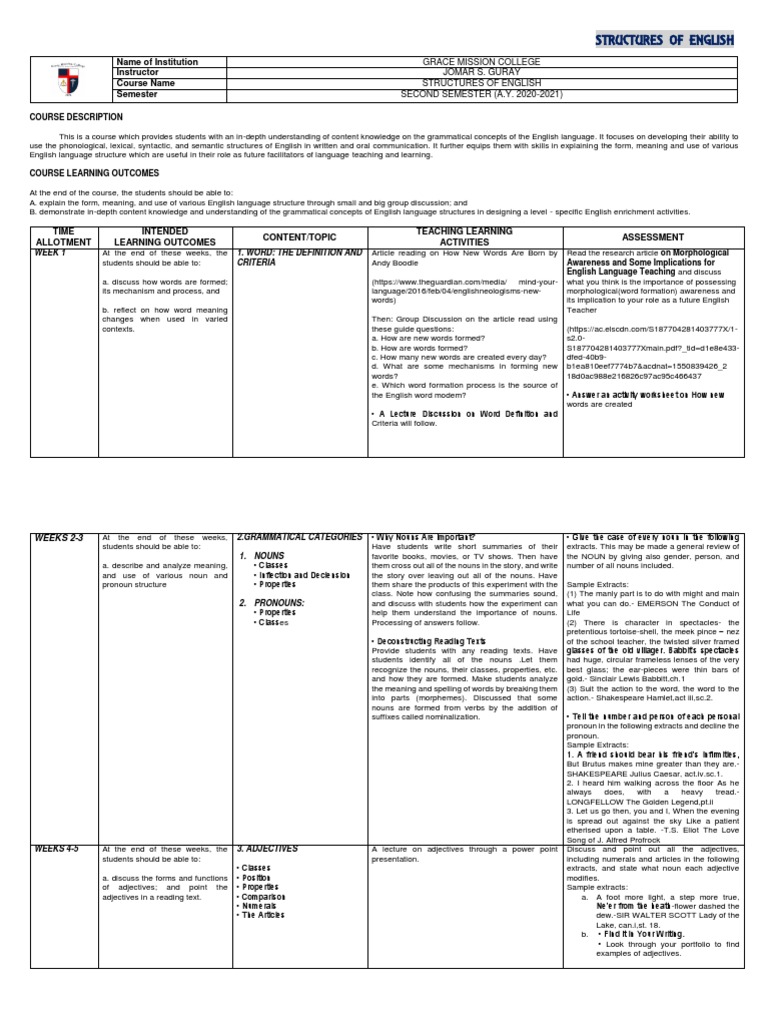 Structures of English Syllabus | PDF | Sentence (Linguistics) | Phrase
