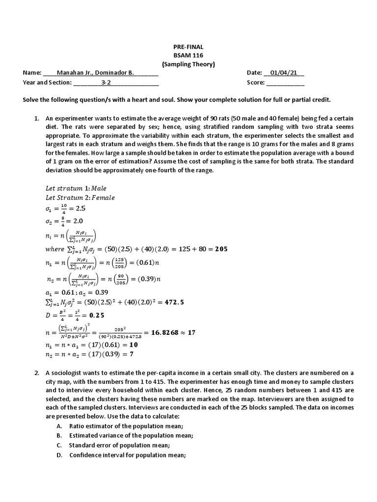 Pre-Final BSAM 116 (Sampling Theory) | PDF | Standard Error | Sampling (Statistics)