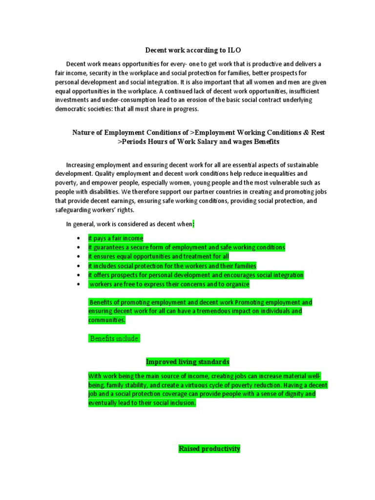 Decent Work According To ILO: Benefits Include | PDF | Social ...
