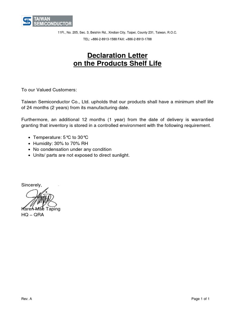 Declaration Letter - Product Shelf Life | PDF