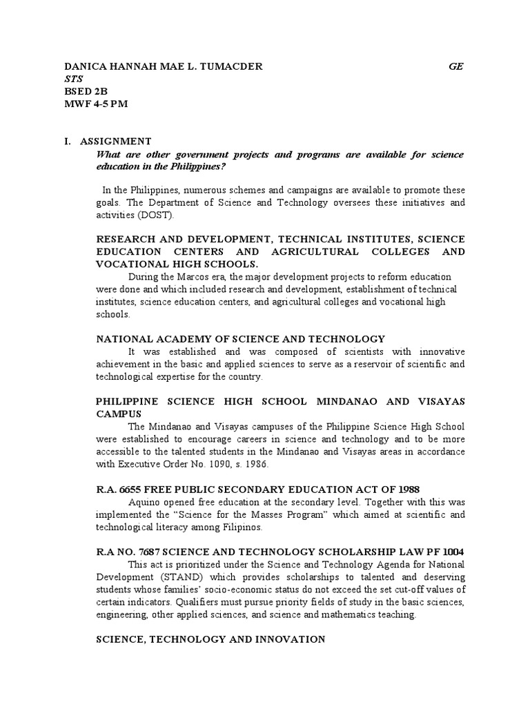 STS Act 4 | PDF | Science Education | Bachelor Of Science