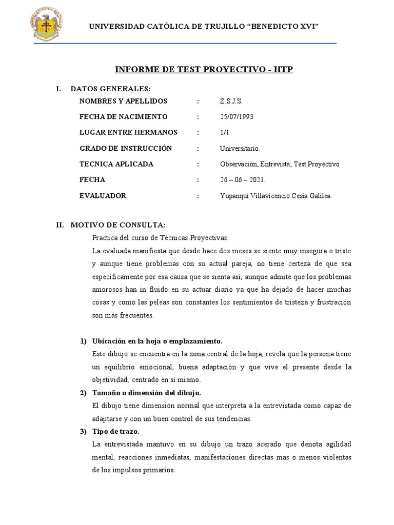 Informe de Test Proyectivo - HTP | PDF | Dibujo | Las emociones