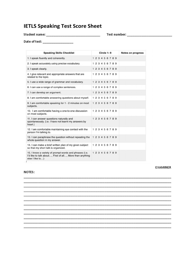 IELTS Speaking Test Score Sheet | PDF