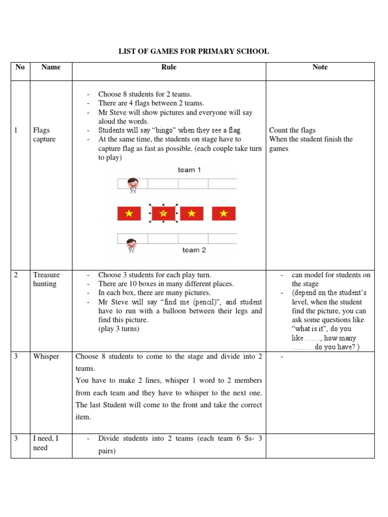 List of Games For Primary School | PDF | Leisure | Sports
