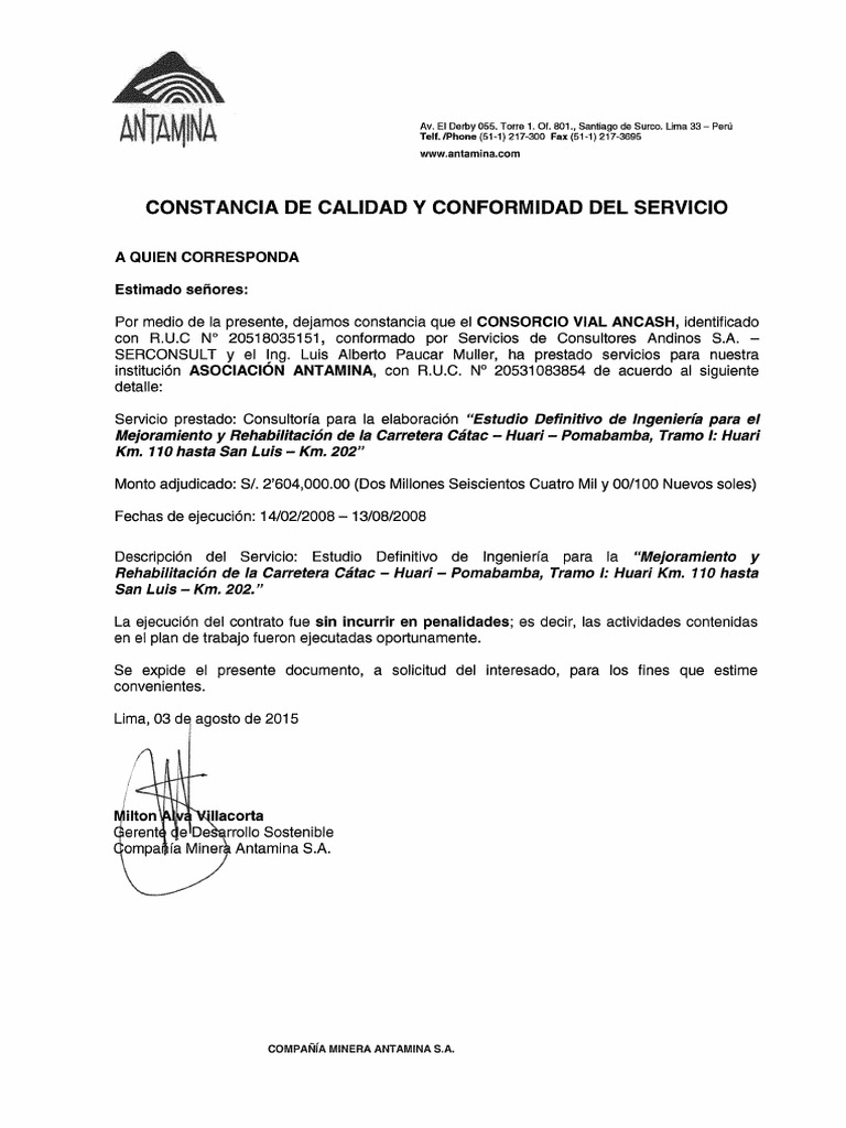 3.2certificado Catac-Huari Tramo 1 | PDF