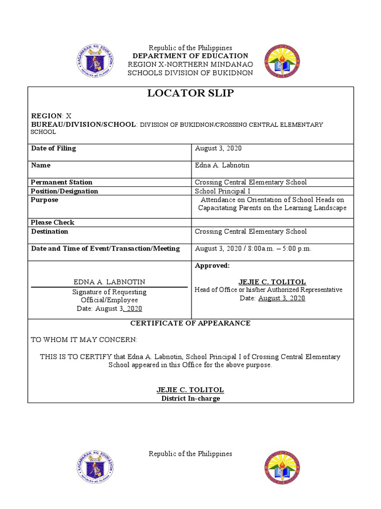 Locator Slip: Division of Bukidnon/Crossing Central Elementary School ...