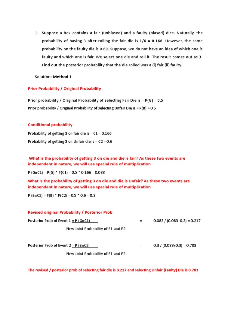 The Revised / Posterior Prob of Selecting Fair Die Is 0.217 and ...