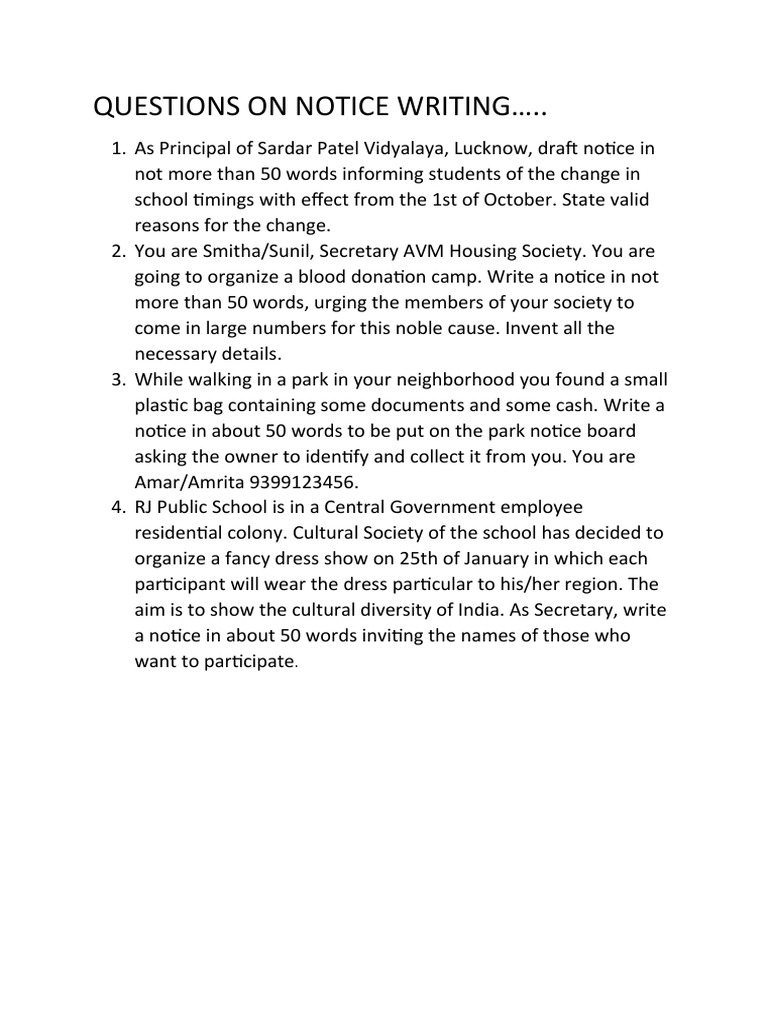 Questions On Notice Writing Class Xi & Xii | PDF
