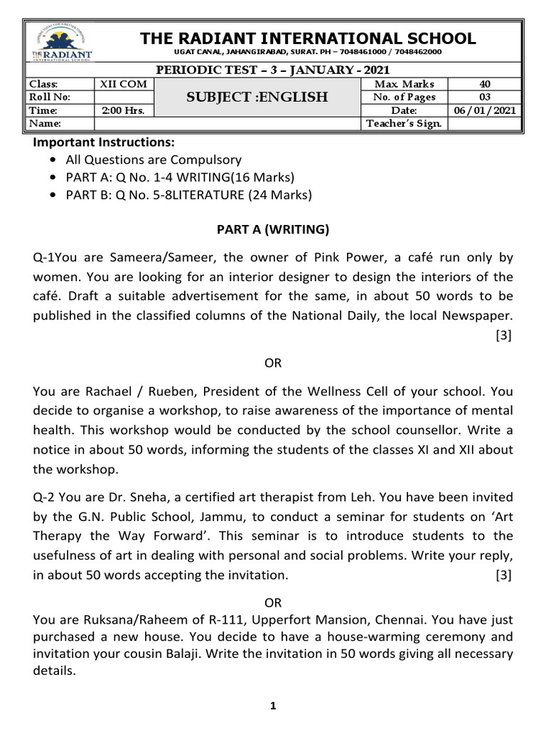 English Exam Paper for Class XII | PDF