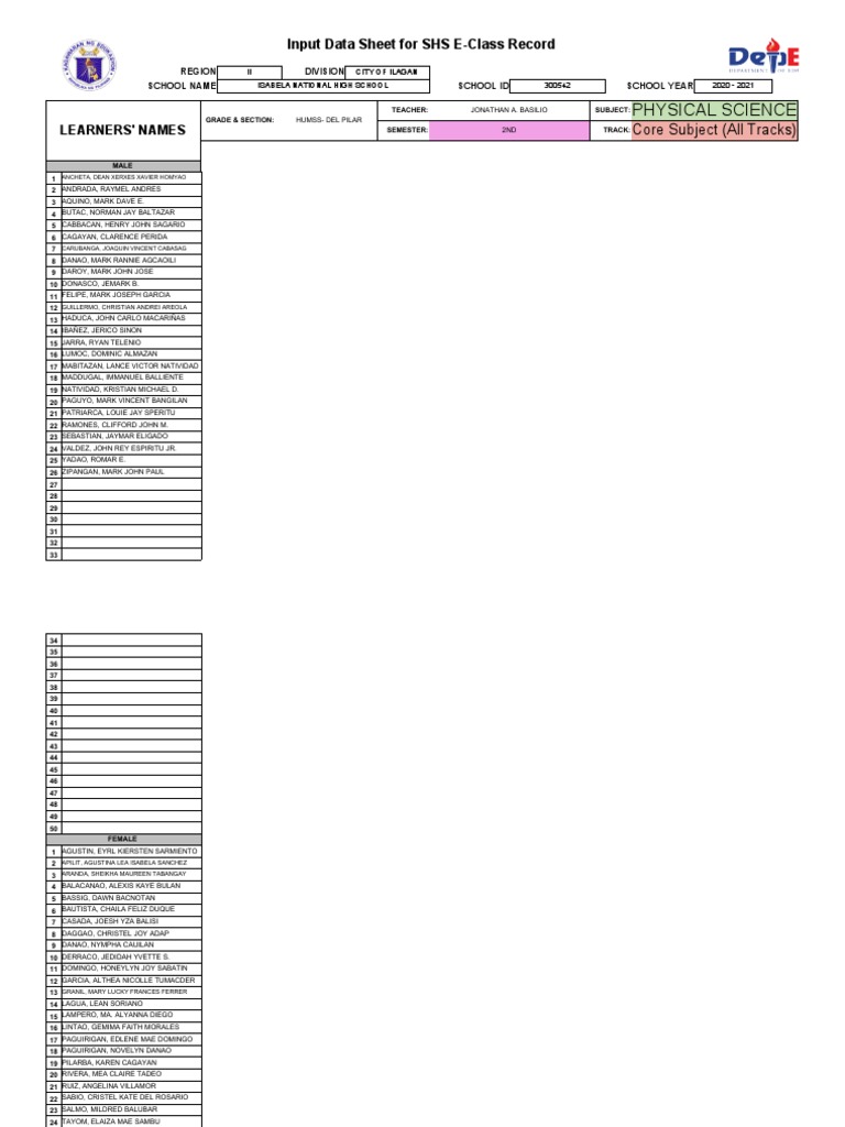 Physical Science: Input Data Sheet For SHS E-Class Record | PDF ...