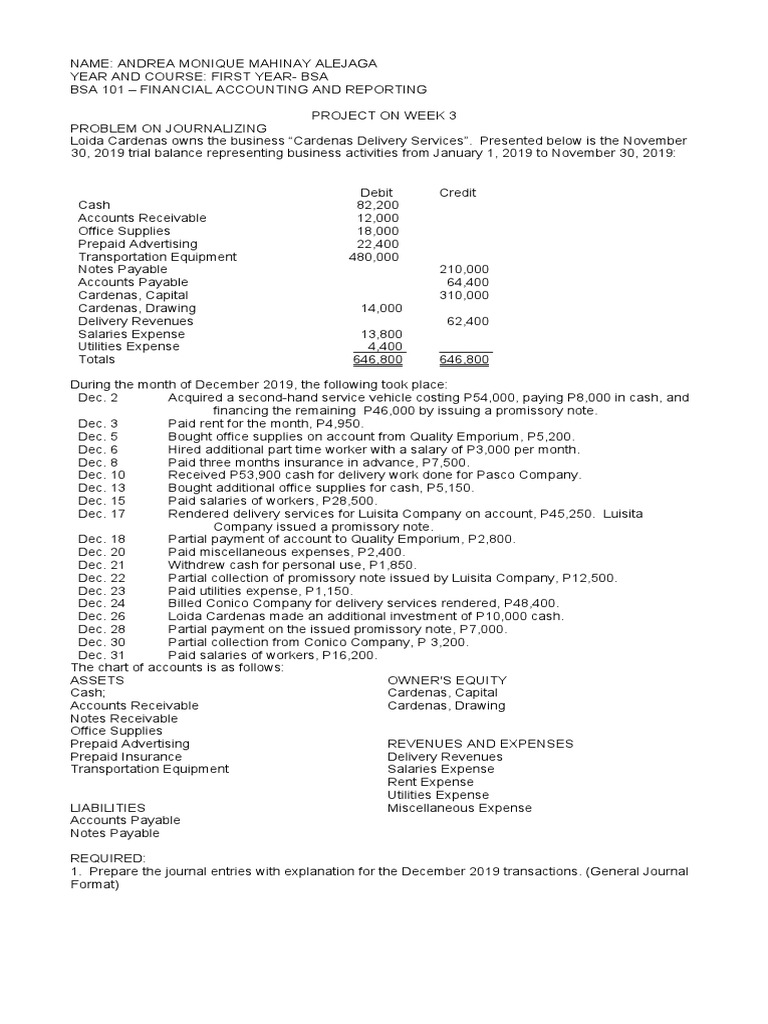 Financial Accounting and Reporting Project Week 3 | PDF | Expense ...