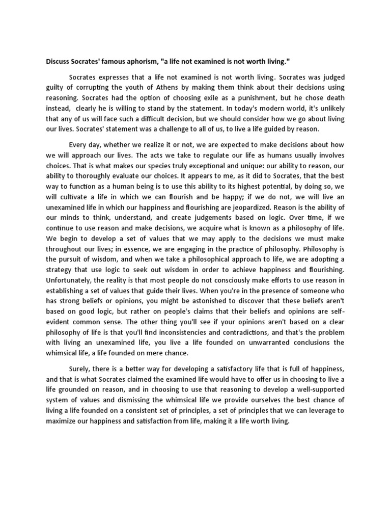 Socrates' Famous Aphorism, A Life Not Examined Is Not Worth Living ...