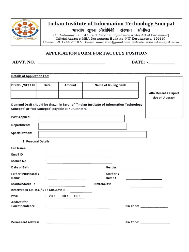 IIIT Sonepat Recruitment Application Form | PDF | Thesis | Doctor Of ...