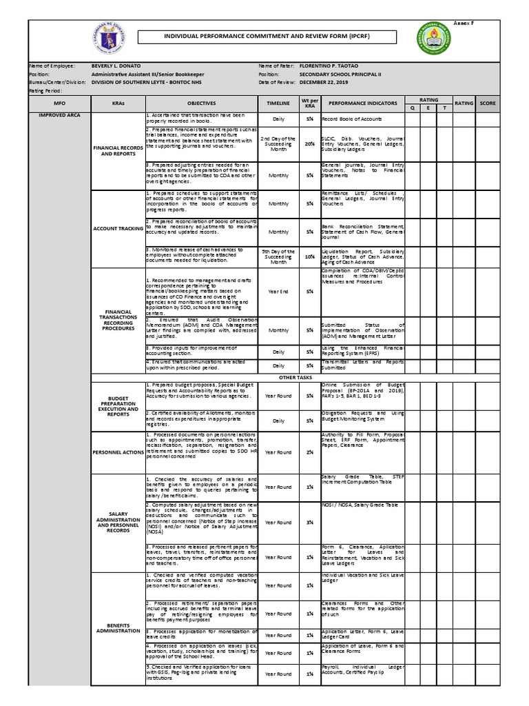 Individual Performance Commitment and Review Form (Ipcrf) : Annex F ...