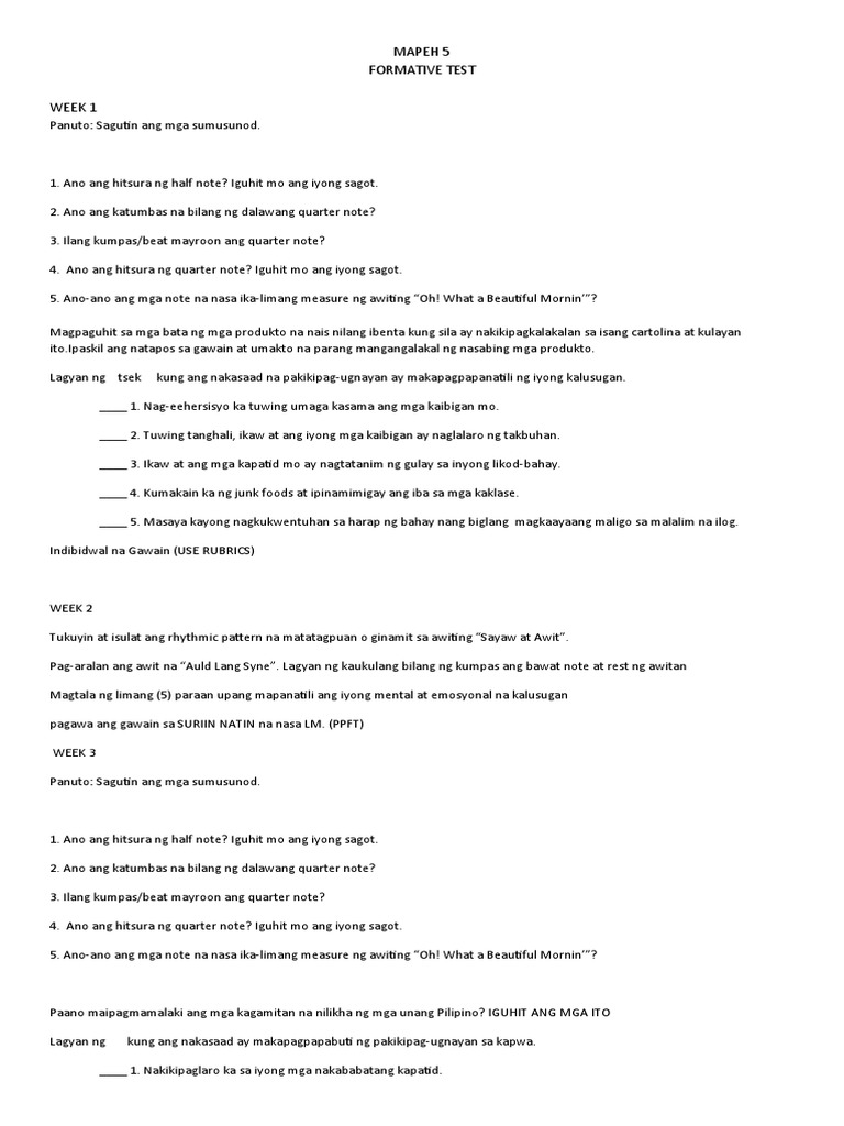 Mapeh 5 Formative Test | PDF
