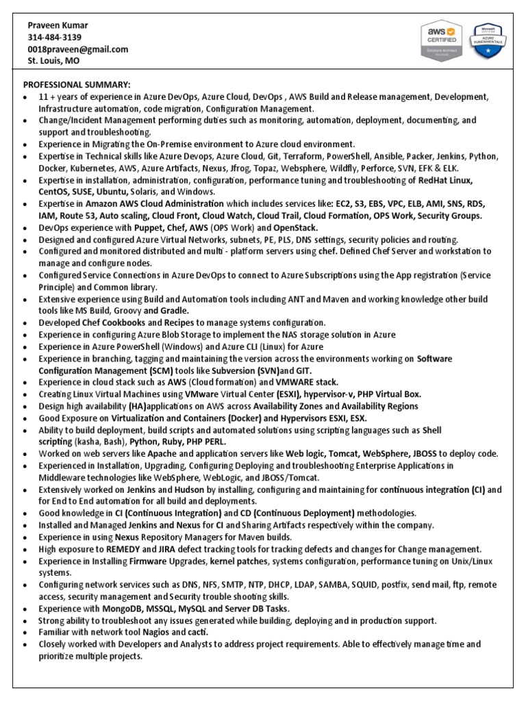 Praveen Kumar's Resume: A Detailed Profile of a DevOps Engineer with ...