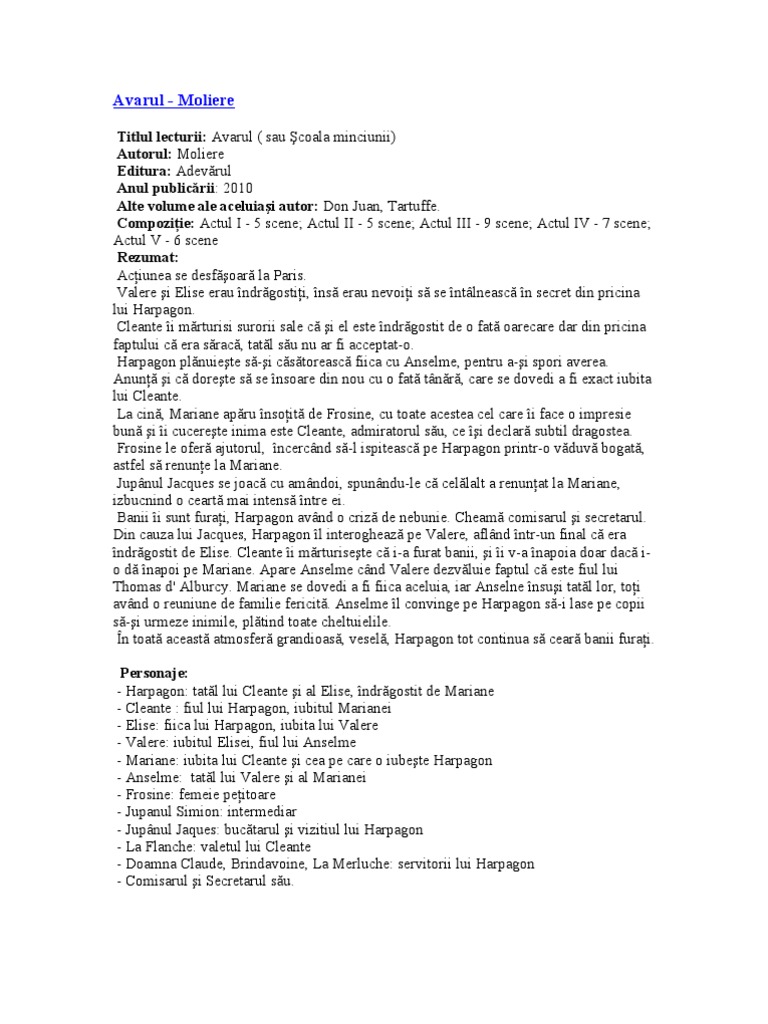 Avarul-Fisa de Lectura | PDF