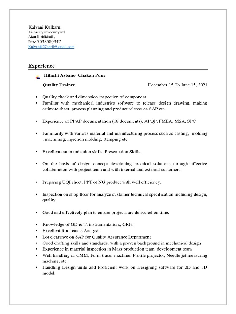 Kalyani Resume 2021 | PDF | Design | Mechanical Engineering