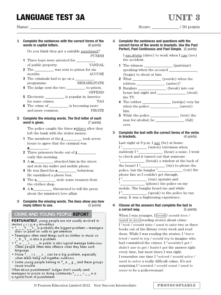 Language Test 3A: Unit 3 | PDF | Robbery | Police