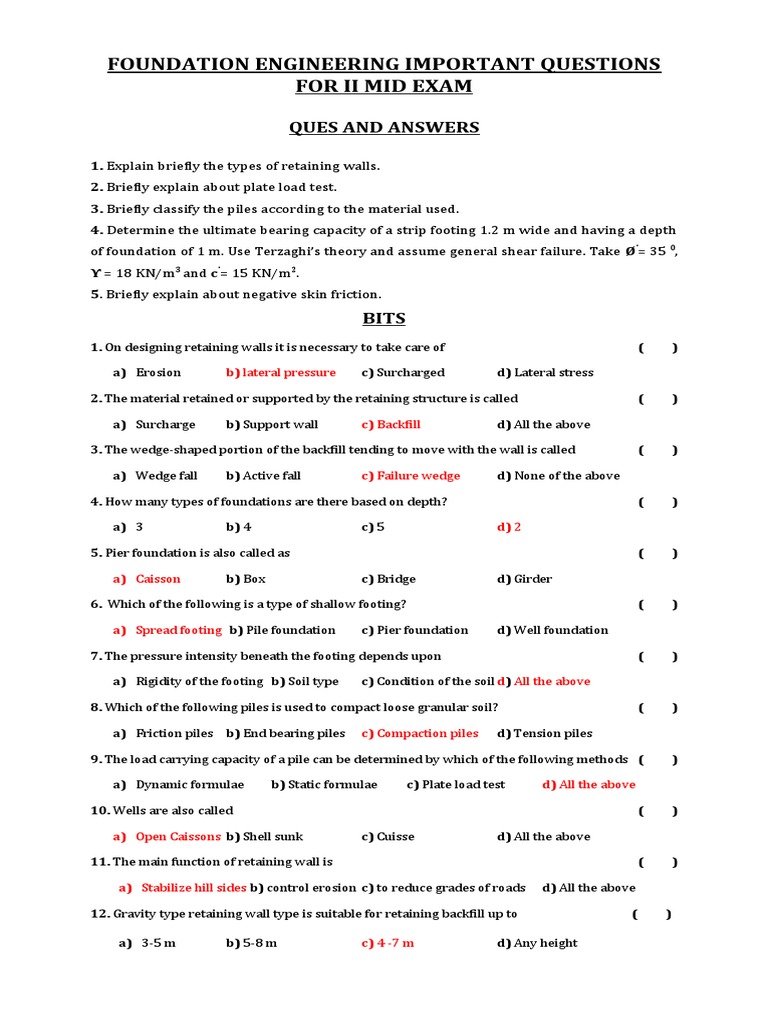 Foundation Engineering Important Questions For Ii Mid Exam: Ques and ...