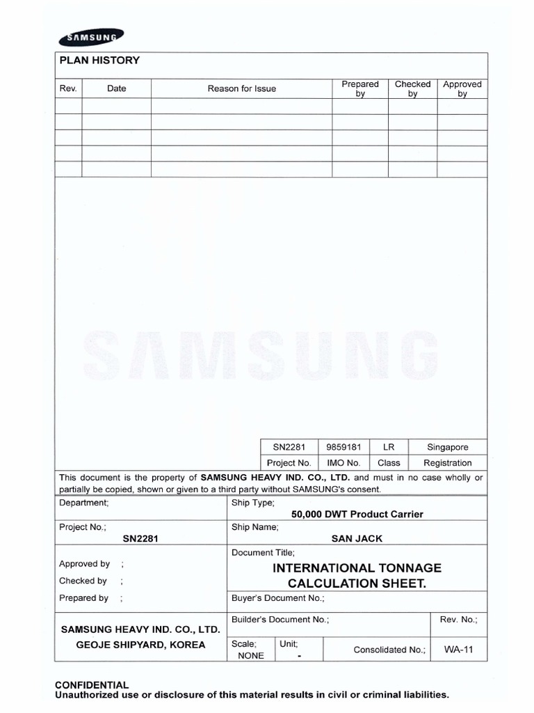 Wa-11 International Tonnage Calculation Sheet. | PDF | Tonnage | Watercraft