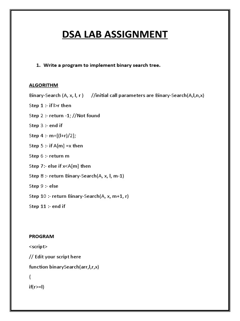 Dsa Lab Assignment: 1. Write A Program To Implement Binary Search Tree | PDF