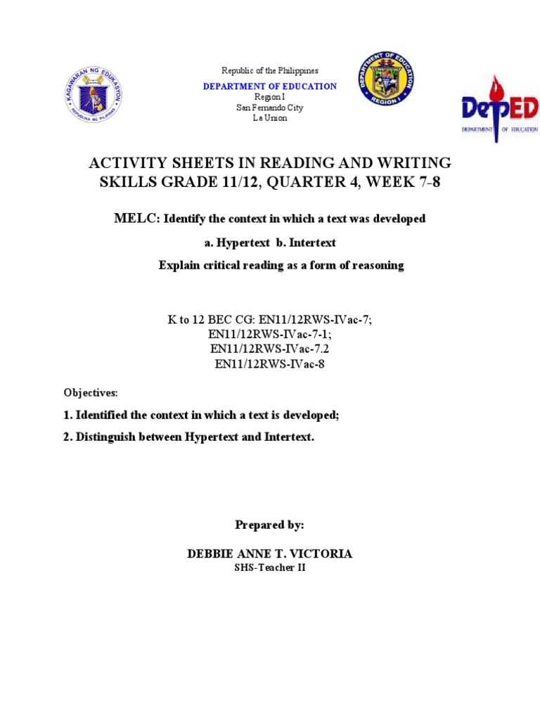 Activity Sheets in Reading and Writing Skills Grade 11/12, Quarter 4 ...
