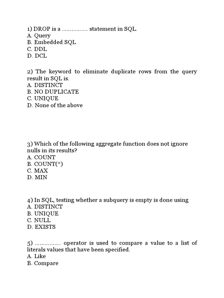SQL MCQ 04 | PDF | Sql | Computer Science