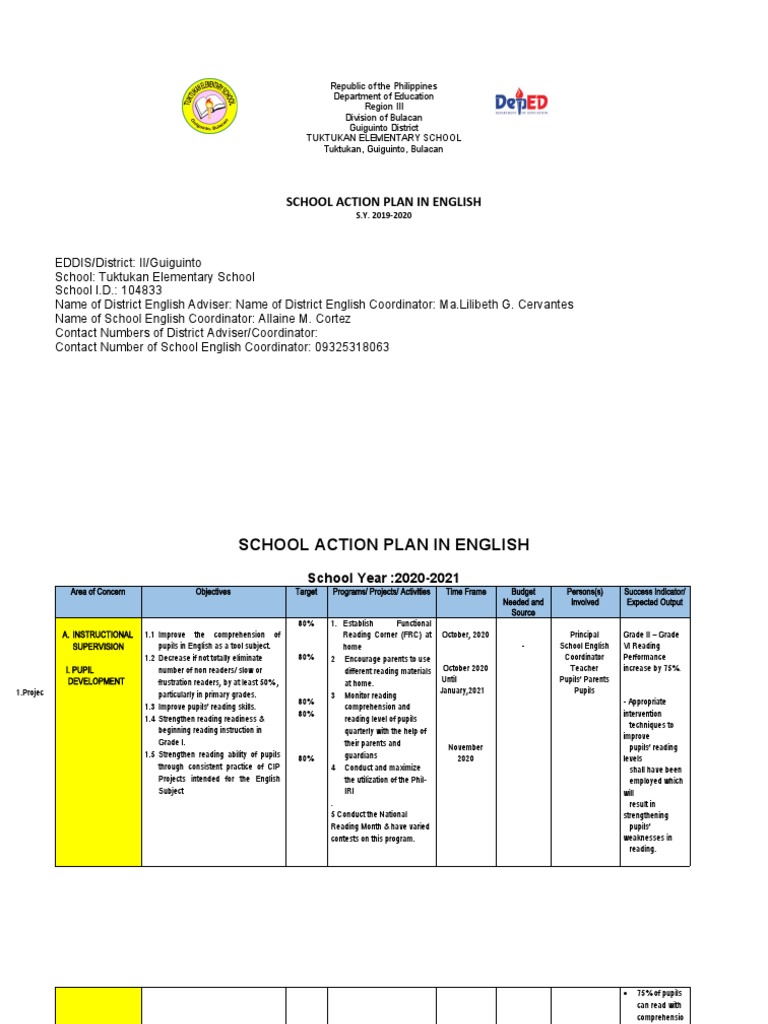 English Action Plan for Educators | PDF | Reading Comprehension | Teachers