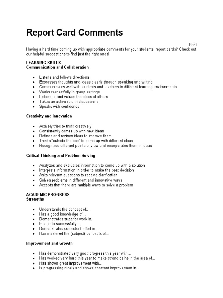 Report Card Comments: Learning Skills Communication and Collaboration ...