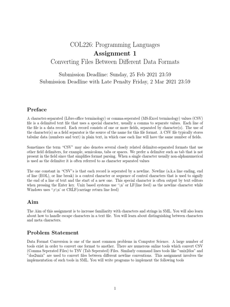 COL226: Programming Languages Assignment 1 Converting Files Between Different Data Formats | PDF ...