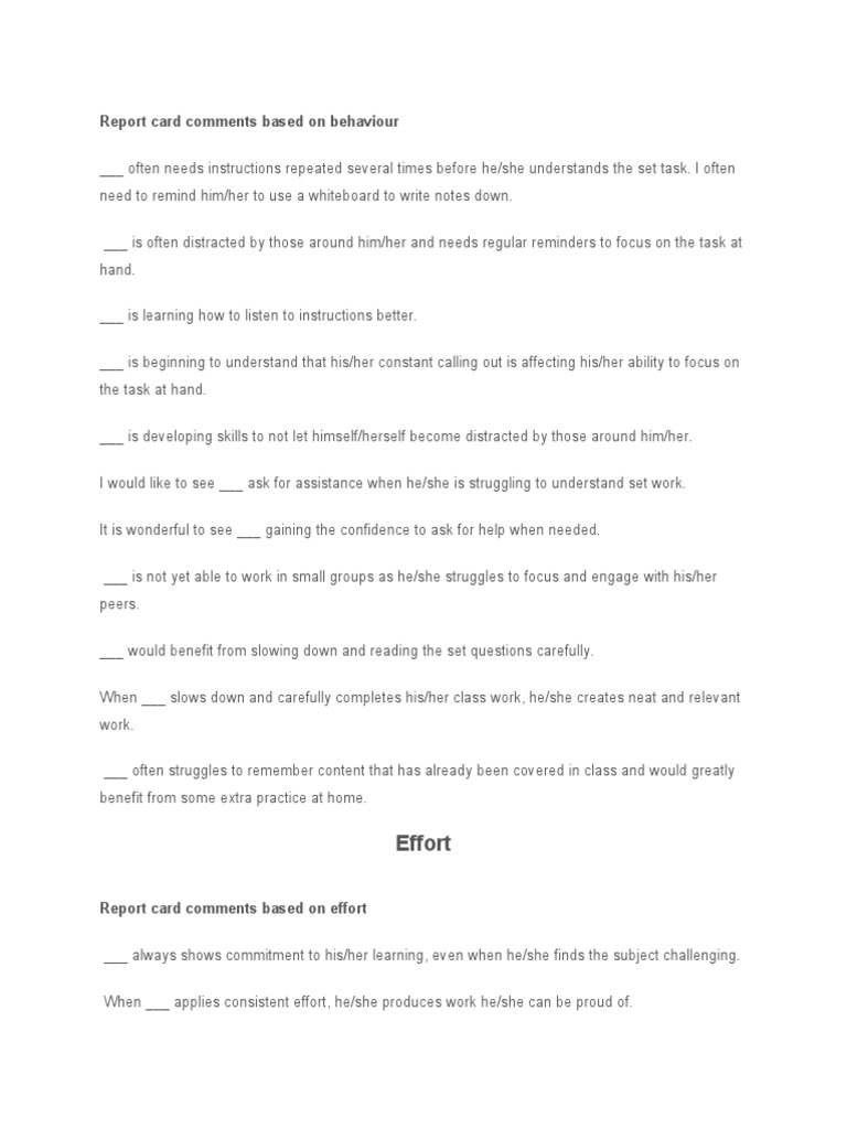 Behavior Report Card Comments Guide | PDF | Teachers | Applied Psychology