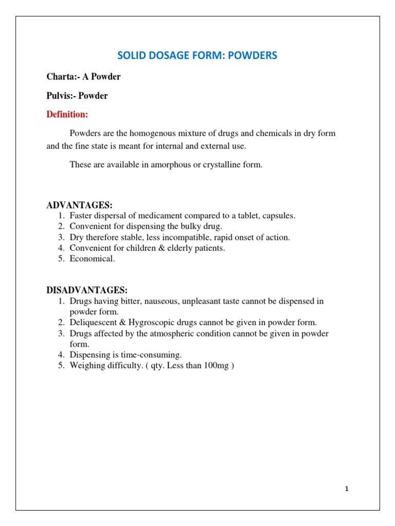 Solid Dosage Form: Powders: Charta:-A Powder Pulvis: - Powder | PDF ...