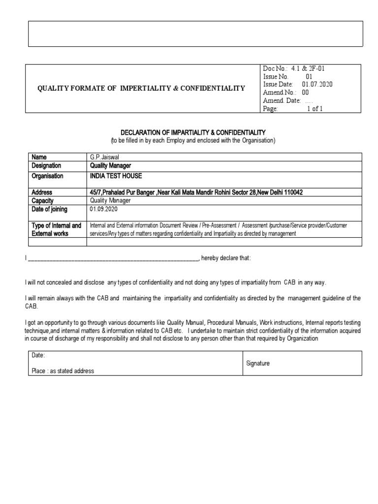 4.1&2-QF01 For Impartiality and Confidentiality | PDF | Confidentiality ...