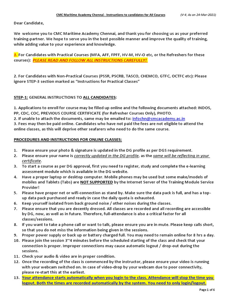 CMC Maritime Academy Course Instructions | PDF | Test (Assessment ...