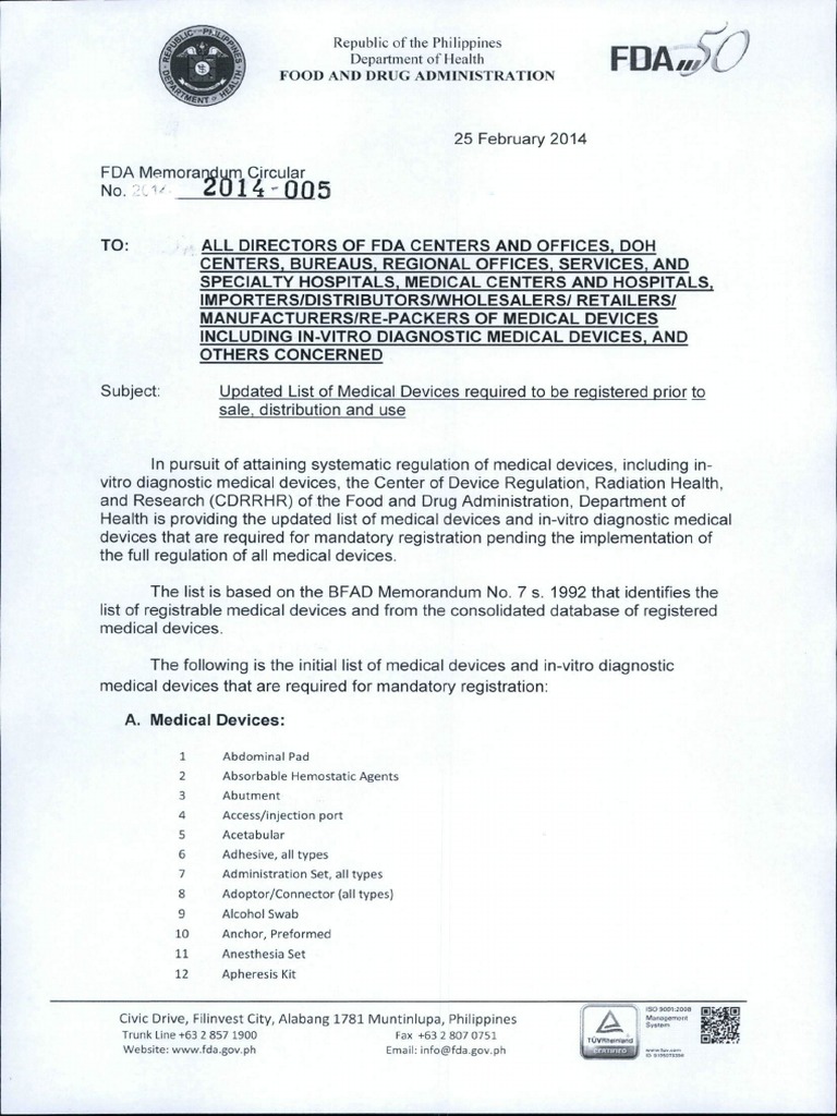 FMC2014 005 Updated List of Medical Devices Required To Be Registered ...