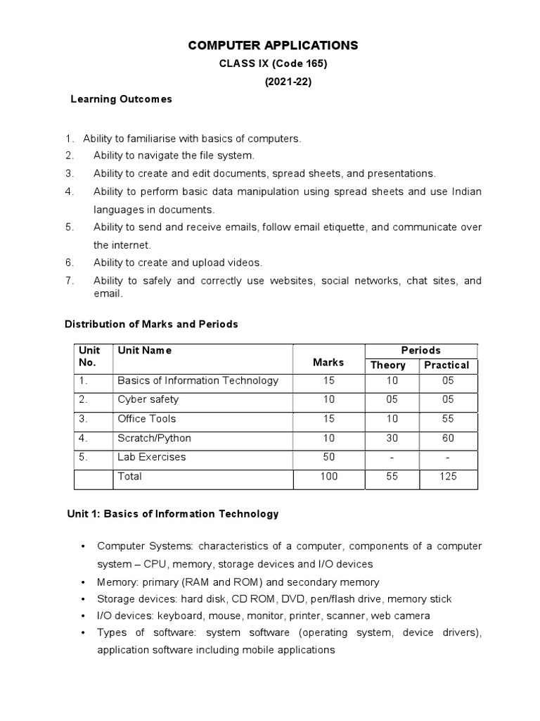 CBSE Class 9 Computer Applications 2021-22 | PDF | Computer Data Storage | Input/Output