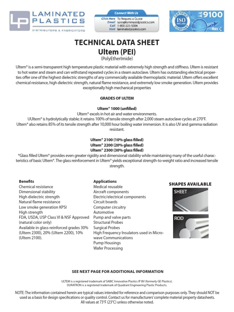 Technical Data Sheet Ultem (Pei) : (Polyetherimide) | PDF | Strength Of ...