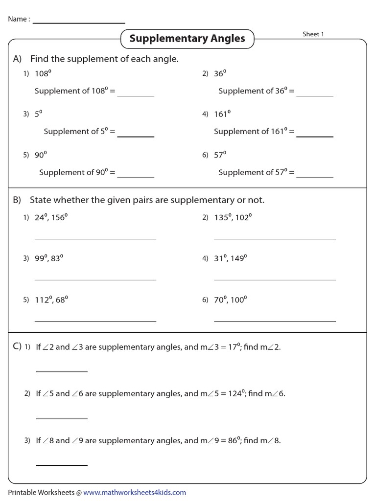 Supplementary Angles: A) Find The Supplement of Each Angle | PDF ...