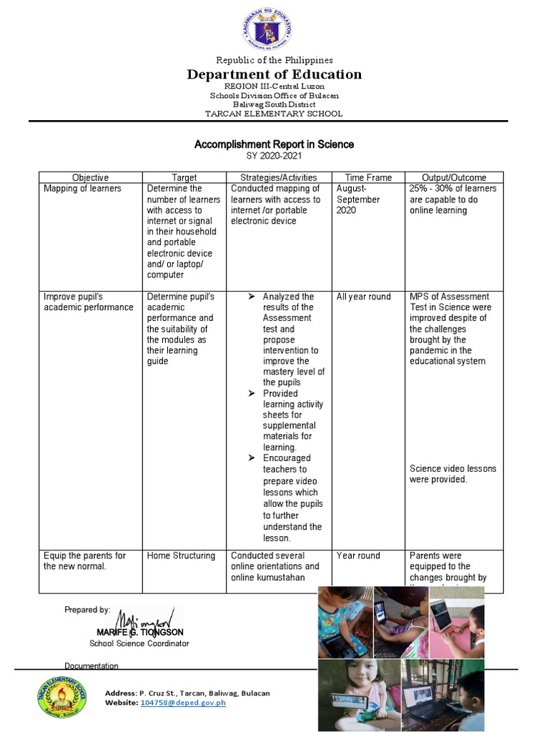 Department of Education: Accomplishment Report in Science | PDF ...