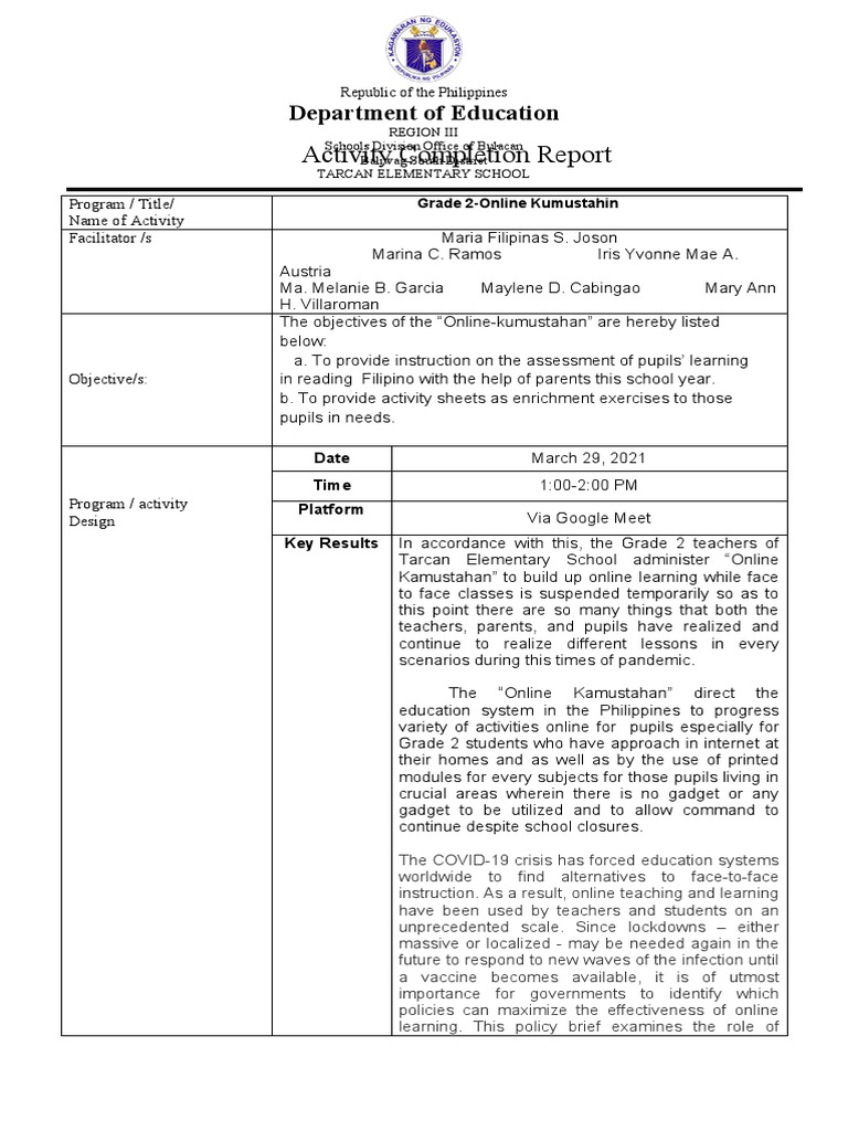 Activity Completion Report: Department of Education | Download Free PDF ...