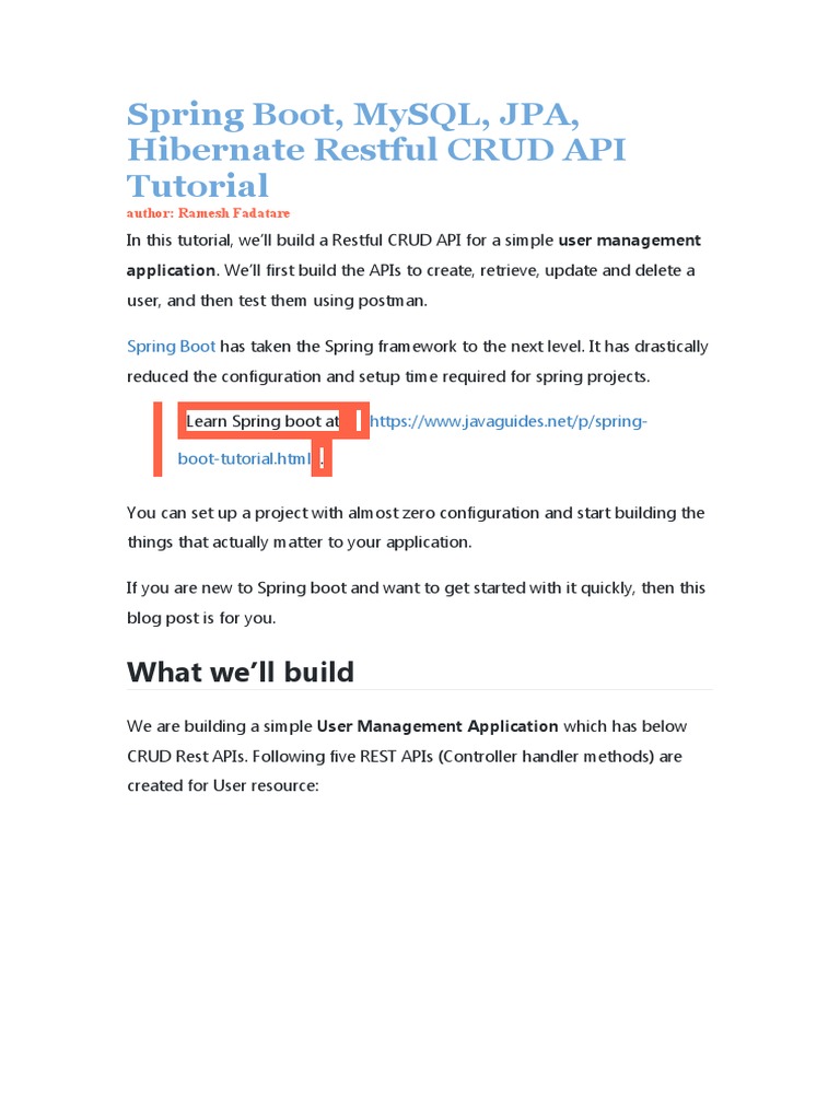Building a RESTful CRUD API for User Management with Spring Boot, MySQL, JPA and Hibernate | PDF ...