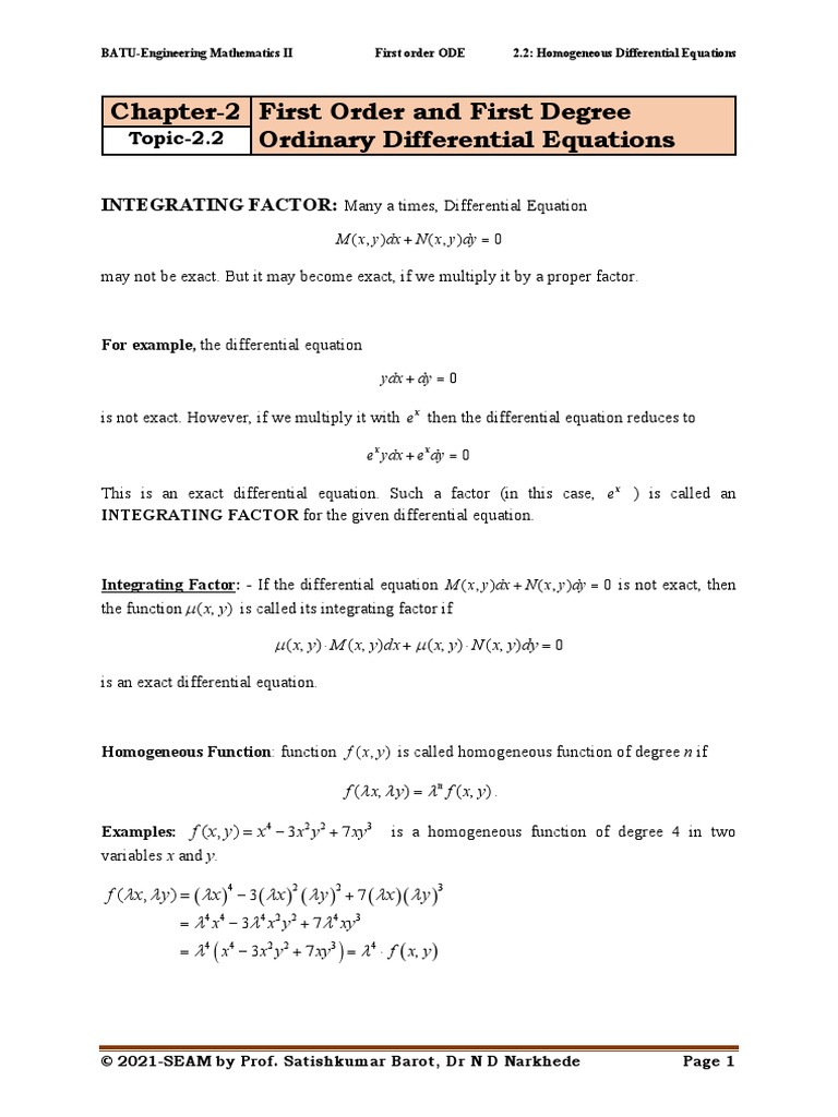 Chapter-2 First Order and First Degree Ordinary Differential Equations | PDF | Ordinary ...